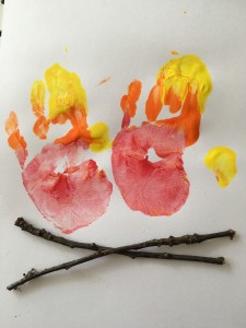 Bonfire Night hand print art - Treading on Lego